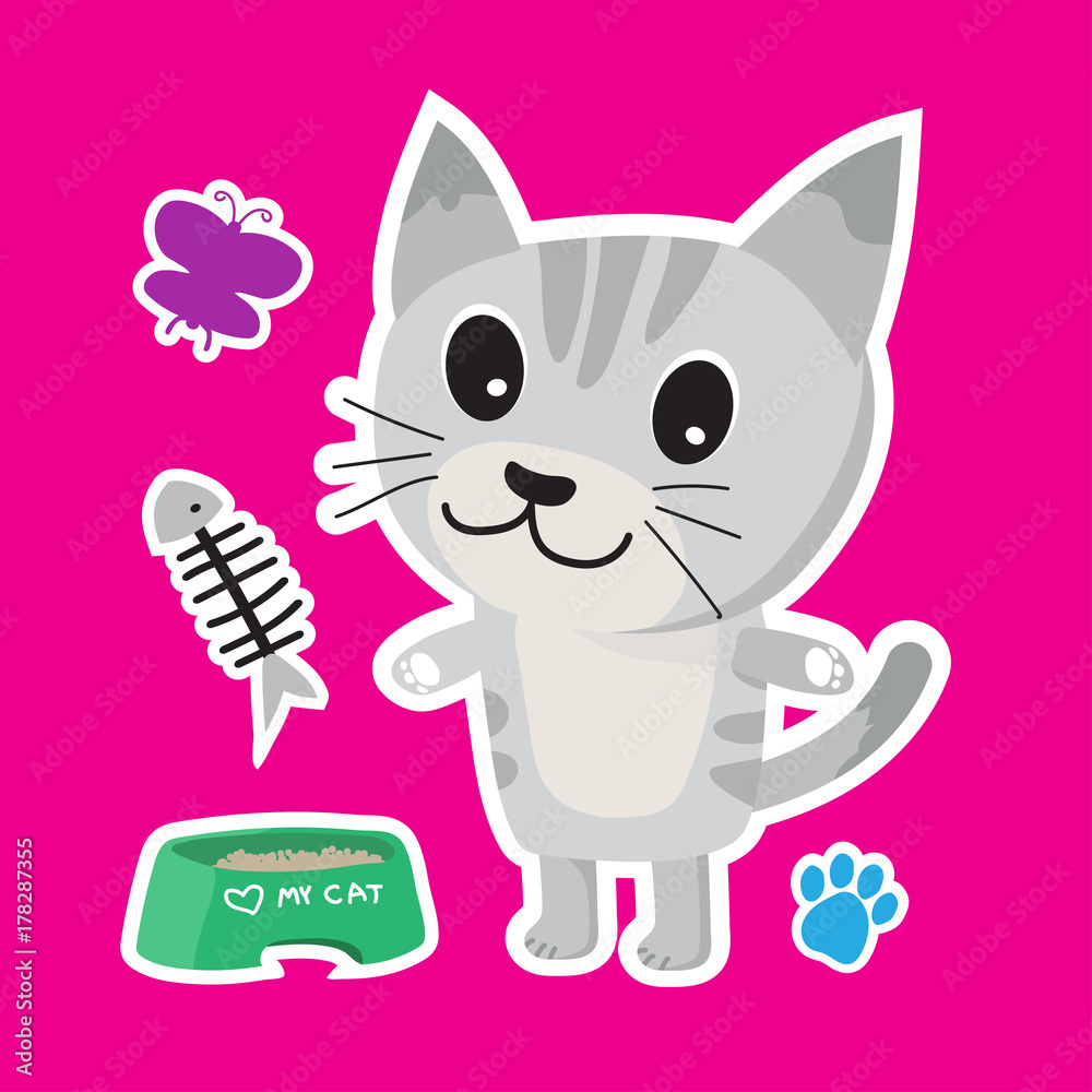 Cute cat cartoon sticker set on blue background Stock Vector | Adobe Stock