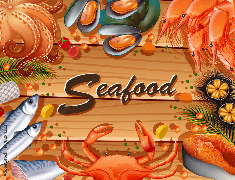 Different types of seafood on board Stock Vector | Adobe Stock