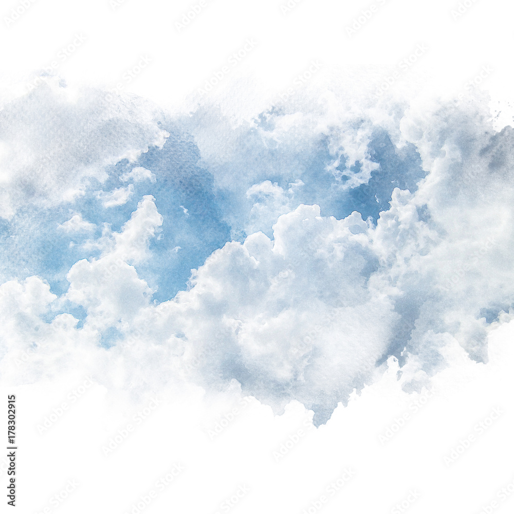 Blue sky with white cloud. Artistic watercolor painting (retouch ...