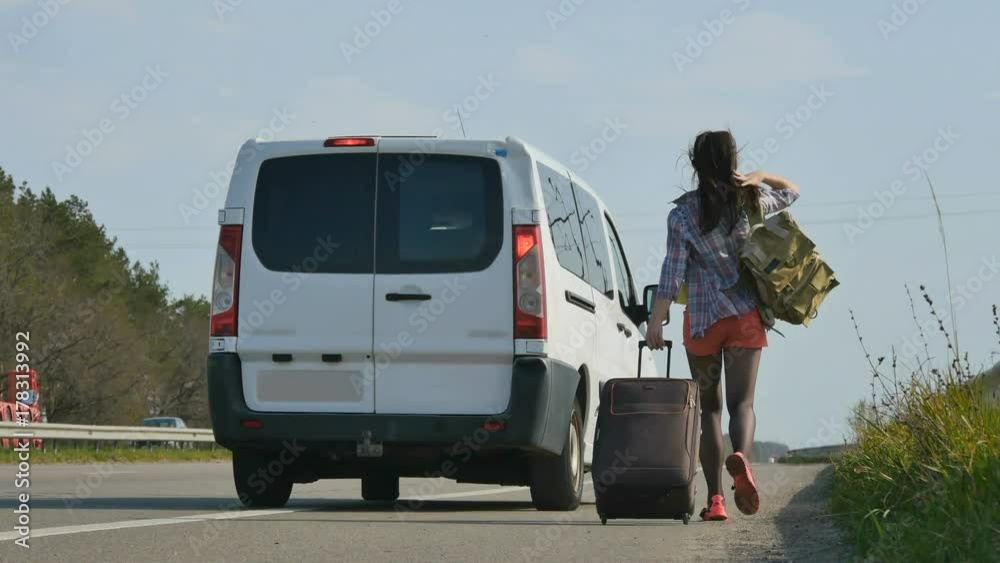 The Car Stops Near The Girl Hitchhiker Stock Video Adobe Stock