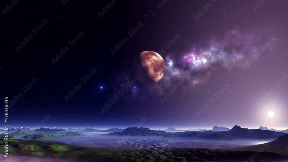 Alien Planet and UFO. On a dark starry sky a planet against the ...