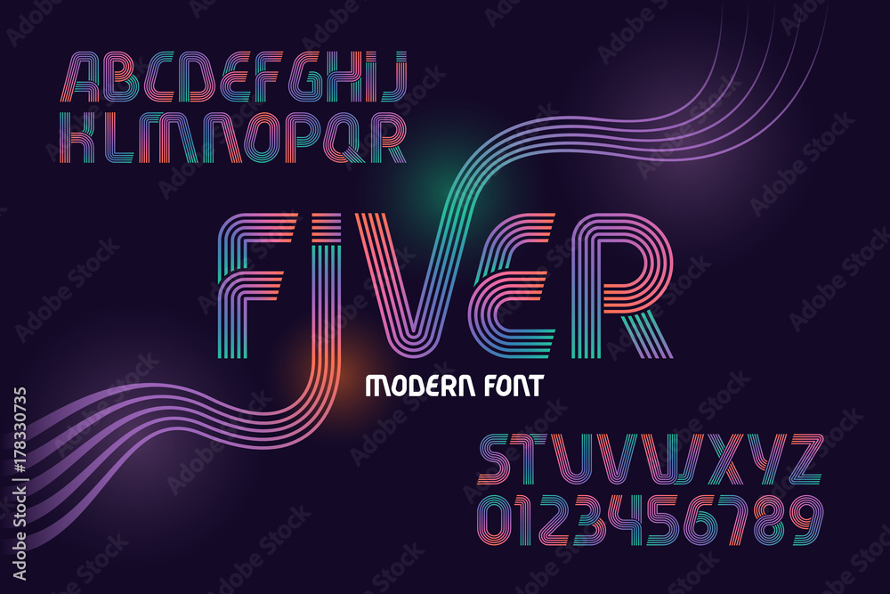 Vector geometric font named "Fiver" made from five gradient color lines ...