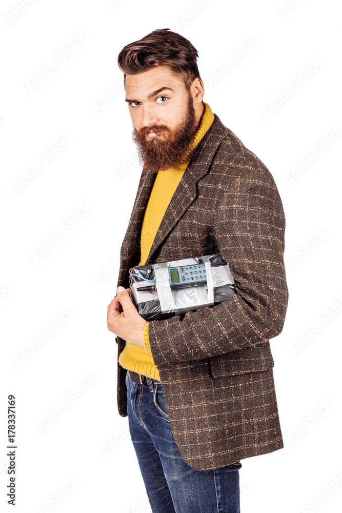man holding time bomb in his hands.human emotion expression and office ...