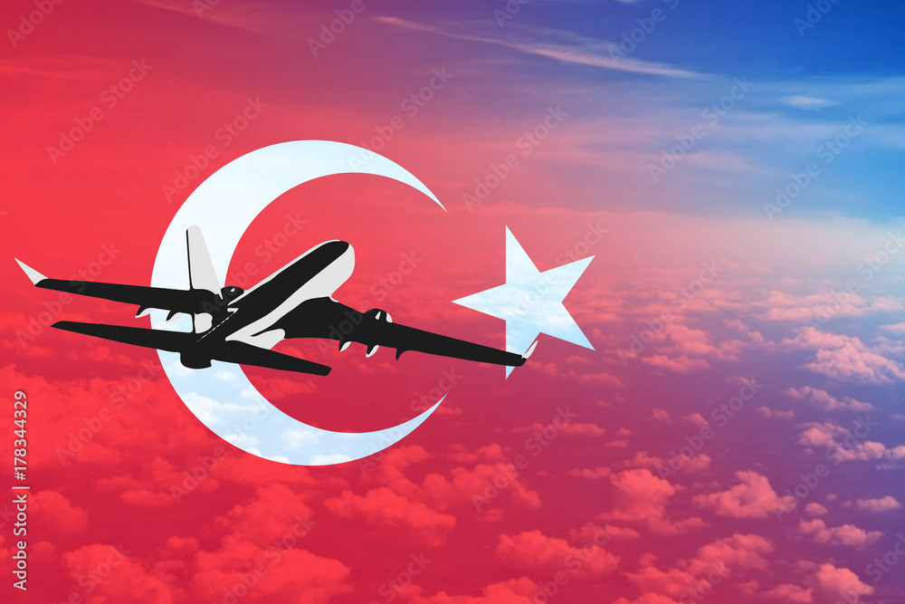 Flight to Turkey flag with the silhouette of aircraft for tourism and ...
