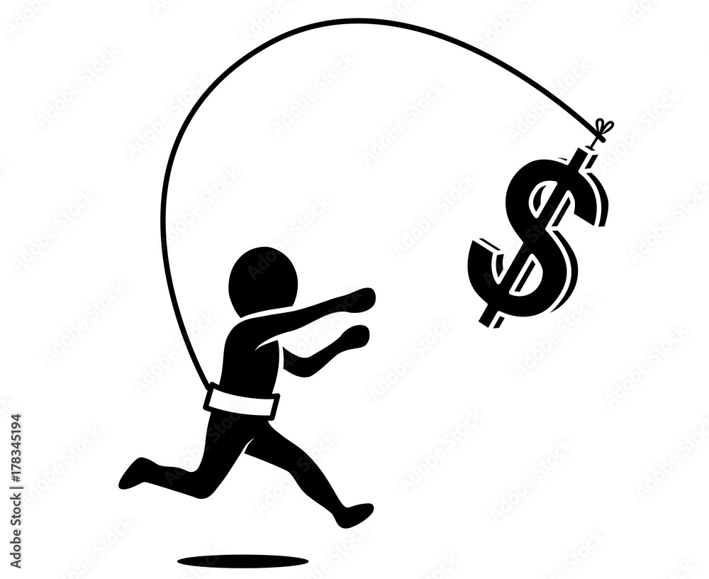 Ein Mann läuft dem Geld nach | 3D-Dollarzeichen | Icon, schwarz-weiß ...