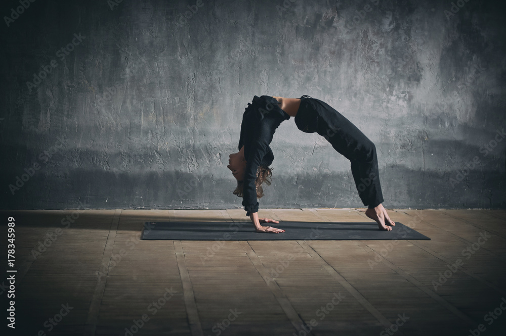 Beautiful Woman Practices Backbend Yoga Asana Urdhva Dhanurasana