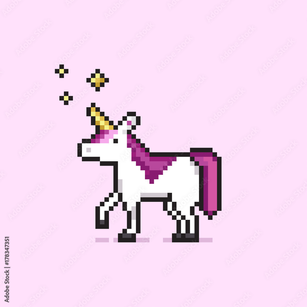 Pixel art unicorn with stars. White pixel unicorn with pink hair and ...