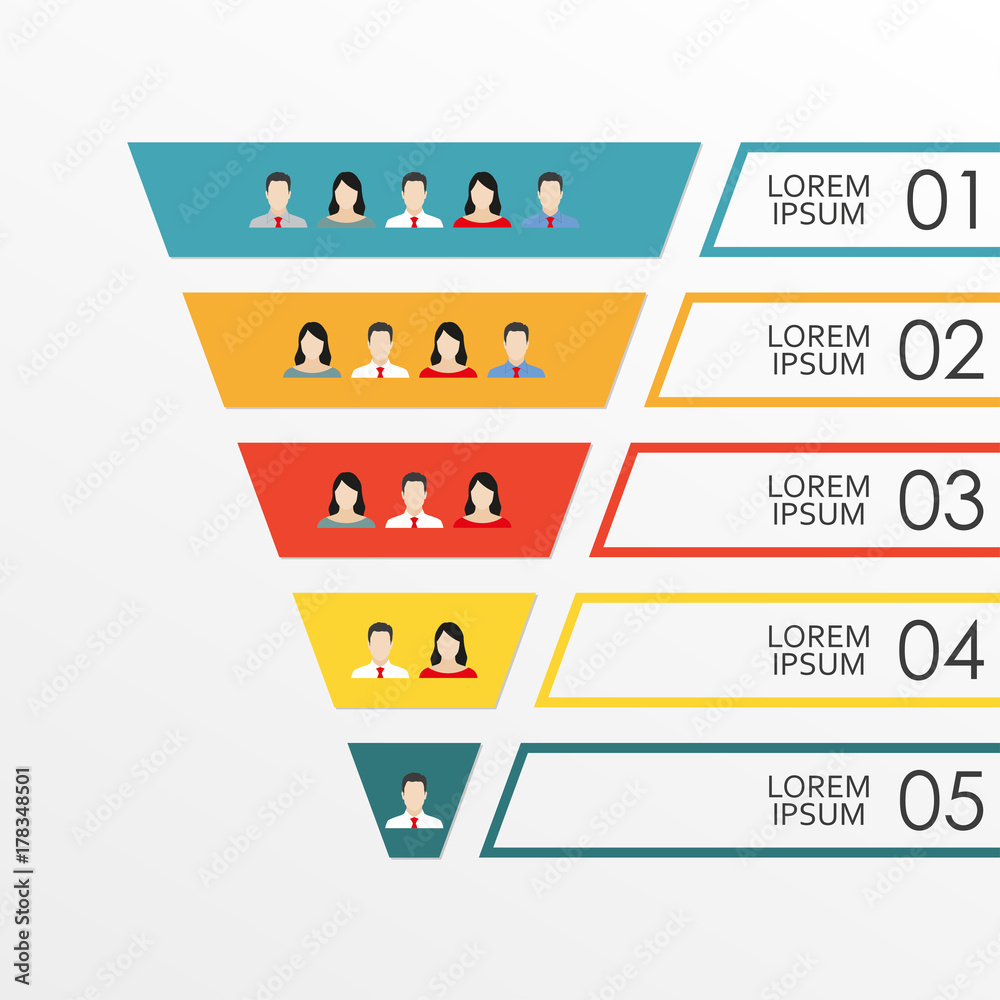 Funnel infographics template with people icons: customers or employees ...