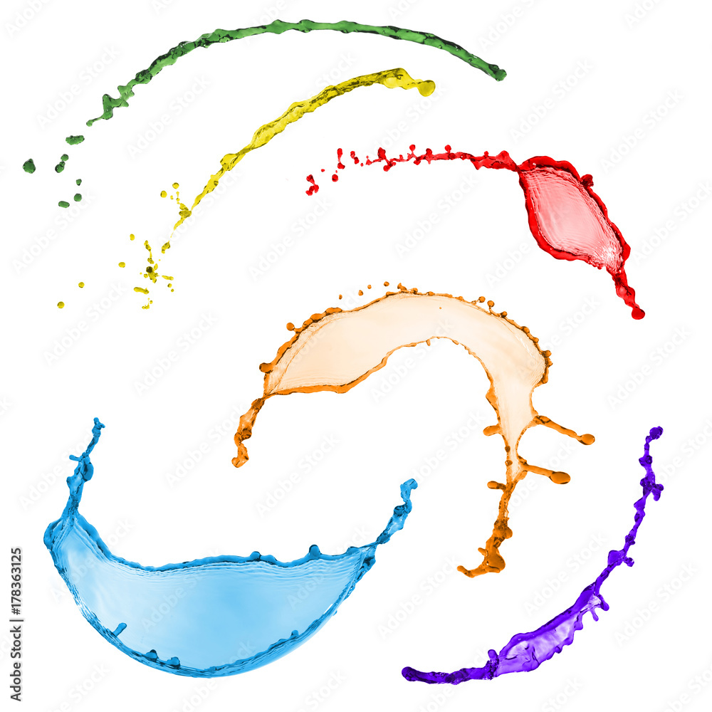 flying liquid collection of color splashes over white background Stock ...