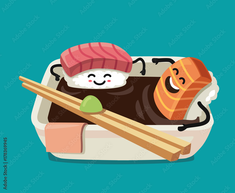 Sushi fun character in bath sauce. Stock Vector | Adobe Stock