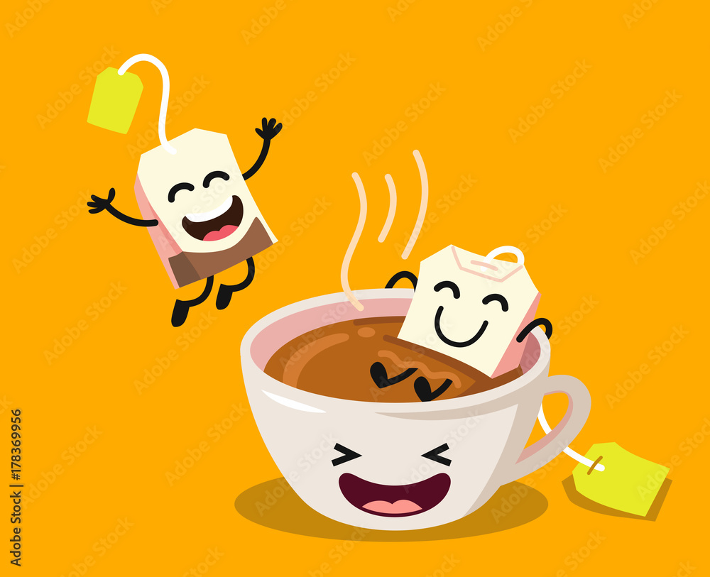 Cute cartoon cup of tea with happy tea bags Stock Vector | Adobe Stock