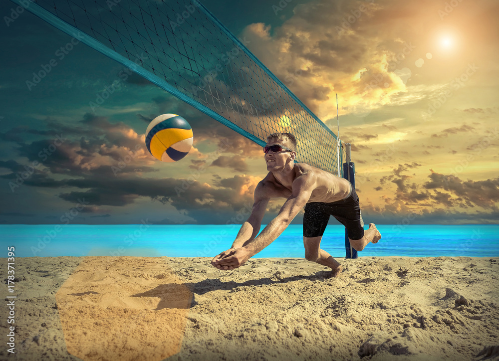 Beach Volleyball player in sunglasses under sunlight. Dynamic sp Stock ...