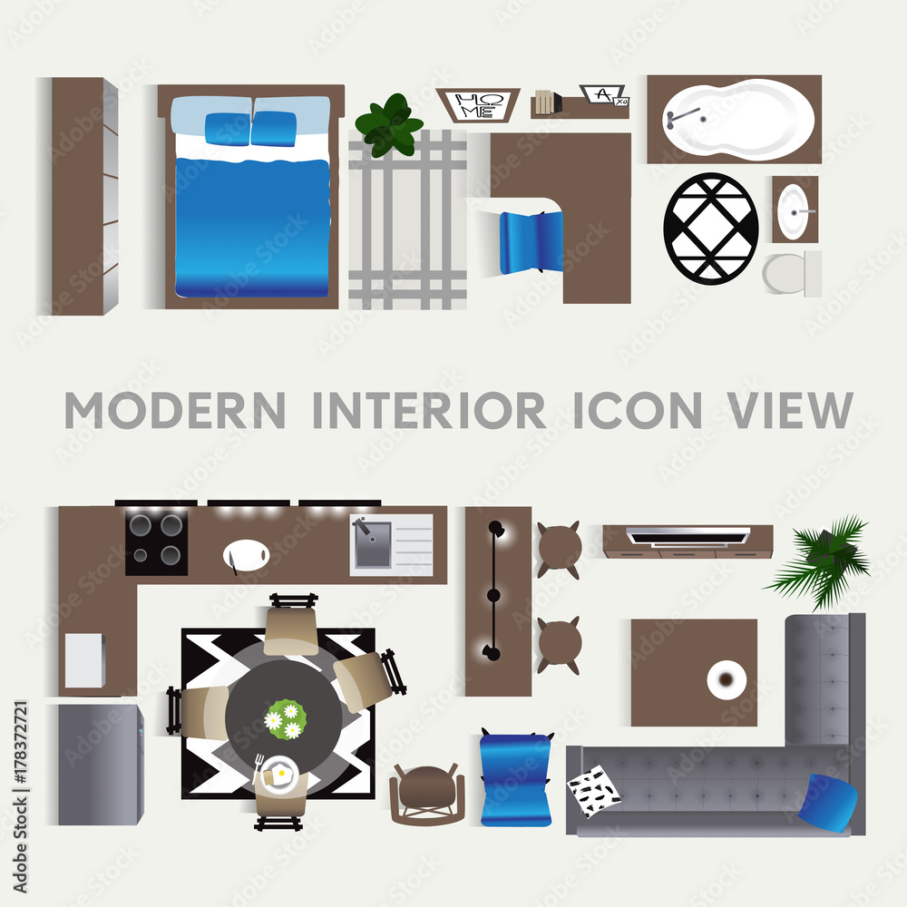 Set of interior top view icons. Isolated realistic interior. Vector ...