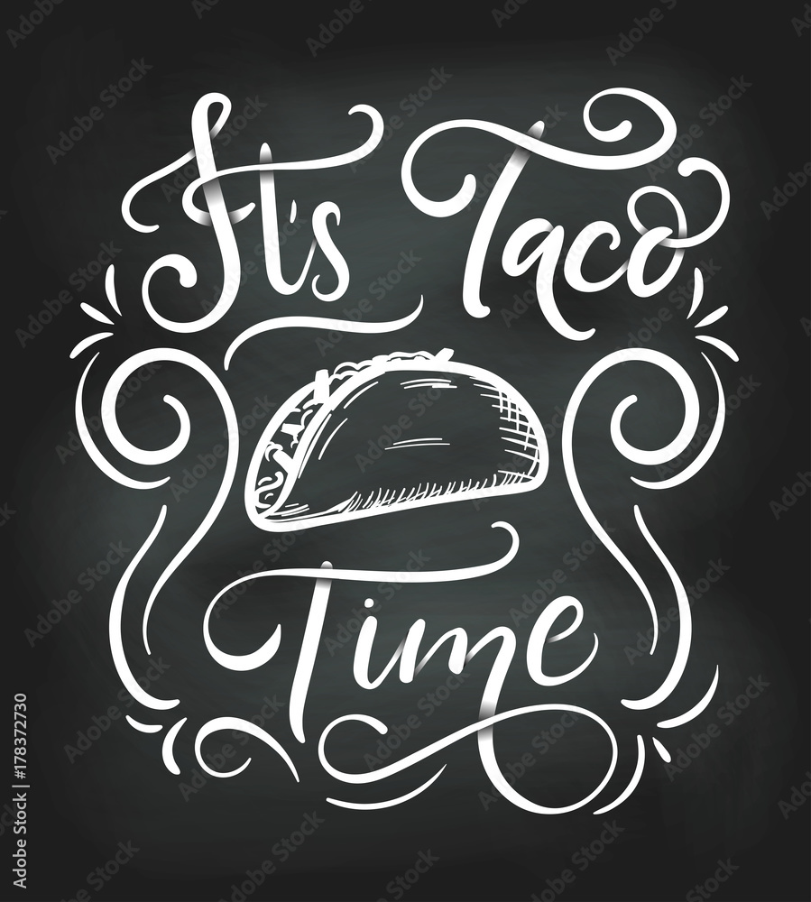 Tacos lettering poster with flourishes and doodles. Retro chalkboard ...