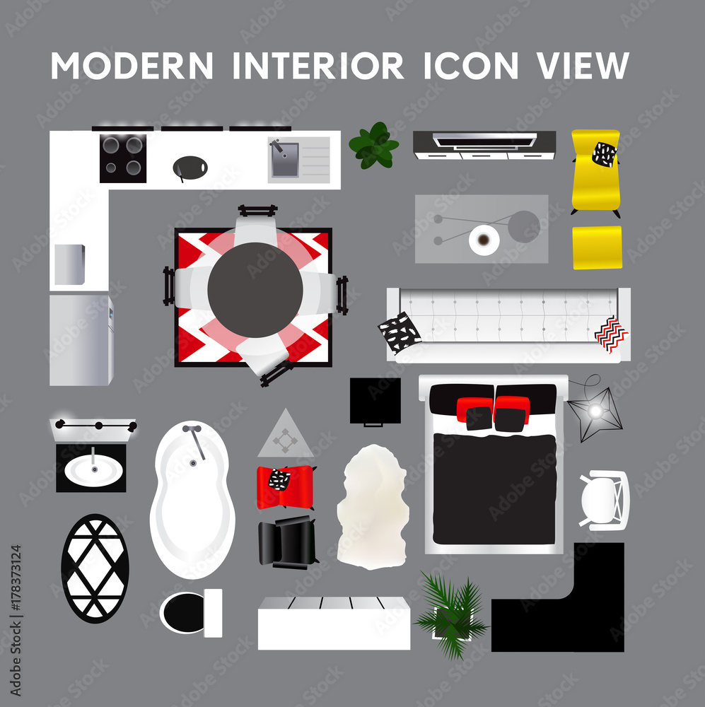 Interior top view Set of icons. Isolated realistic interior. Vector ...