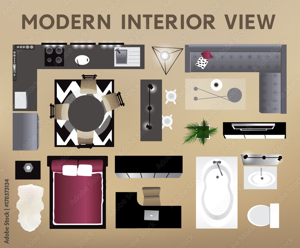 Interior top view Set of icons. Isolated realistic interior. Vector ...