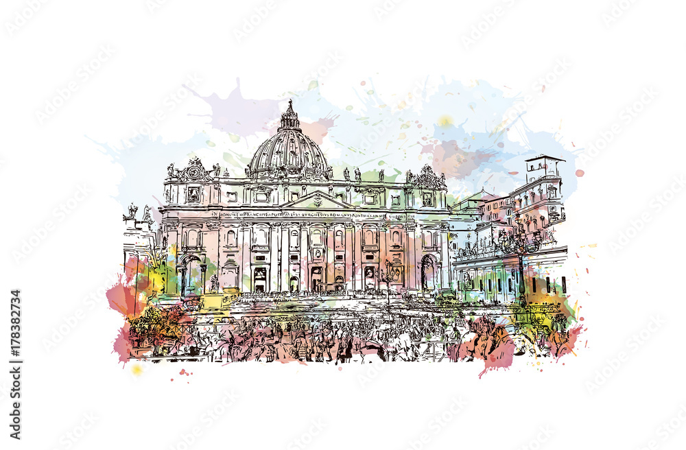 Watercolor sketch with splash of Vatican City, Rome, St. Peter's ...