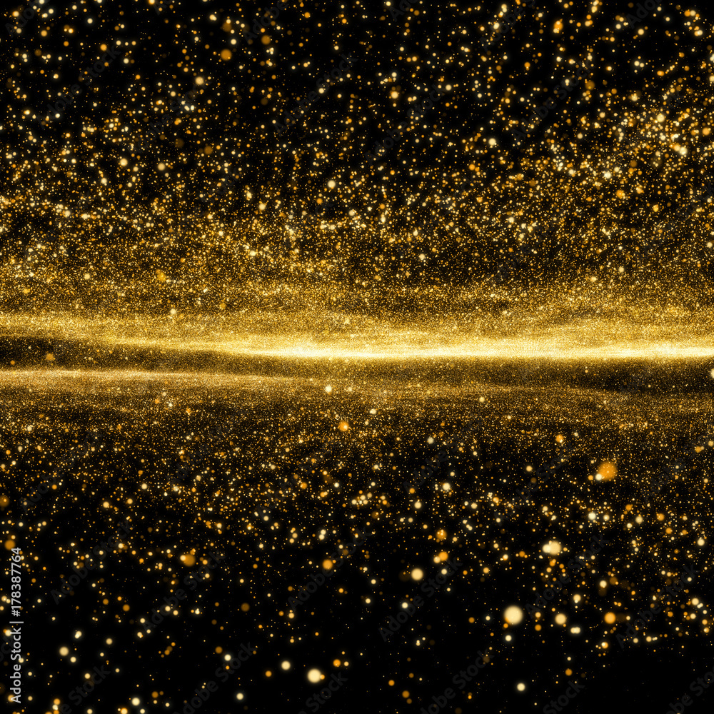 Golden sky. Abstract stardust smokey wave particles. Nano dynamic flow ...