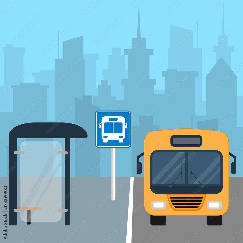 Bus near the bus stop in the city. Public transport. Cityscape on ...