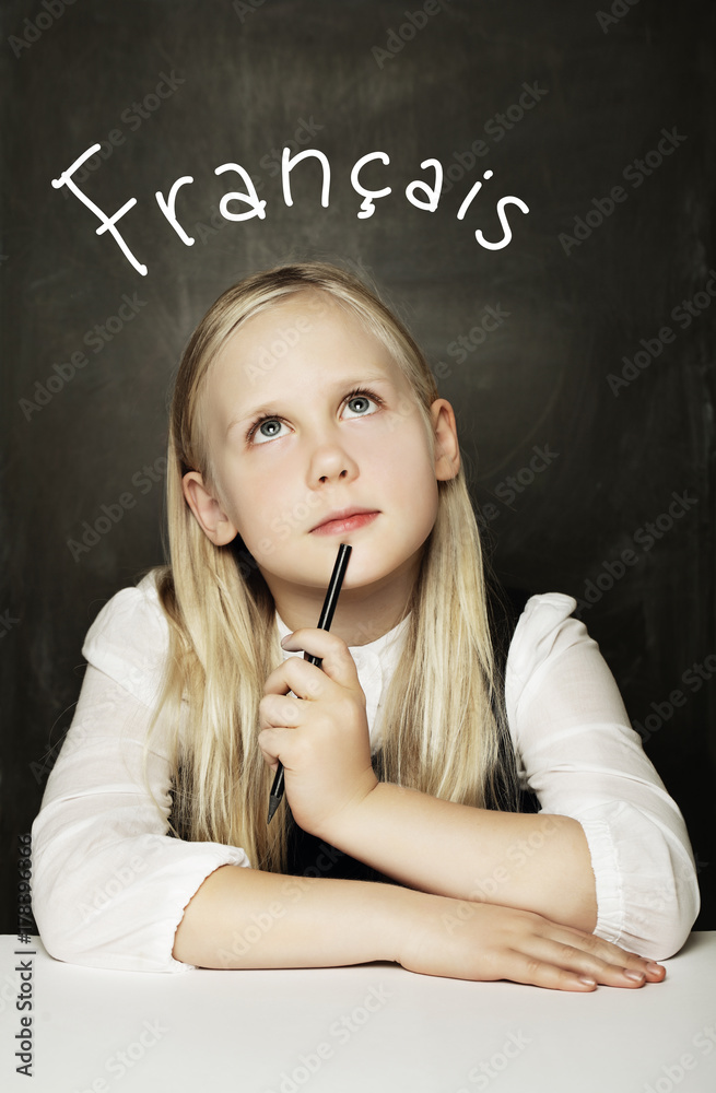 Child Girl Learning French on the School Classroom Blackboard ...