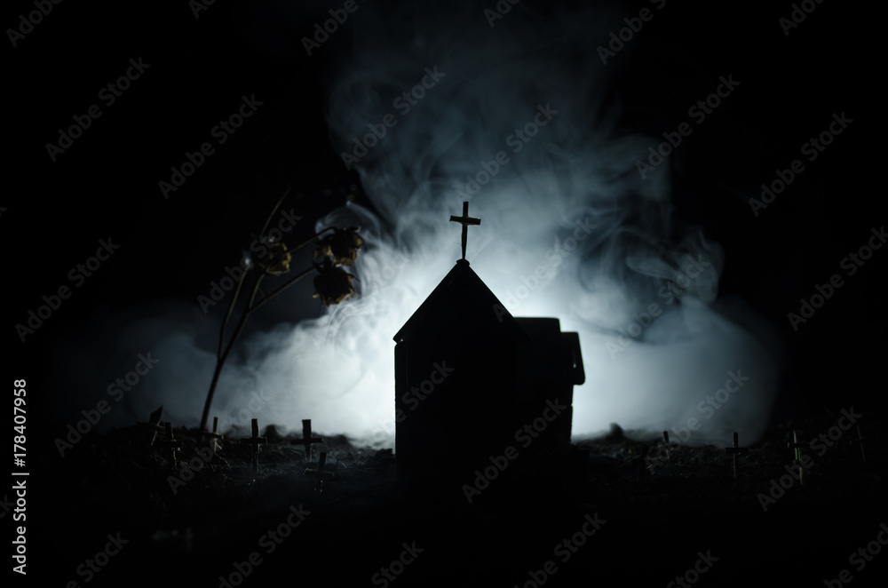 Scary view of zombies at cemetery dead tree, moon, church and spooky ...