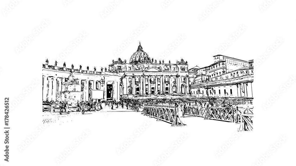 Hand drawn sketch of St. Peter's Square, Vatican City, Rome Italy in ...