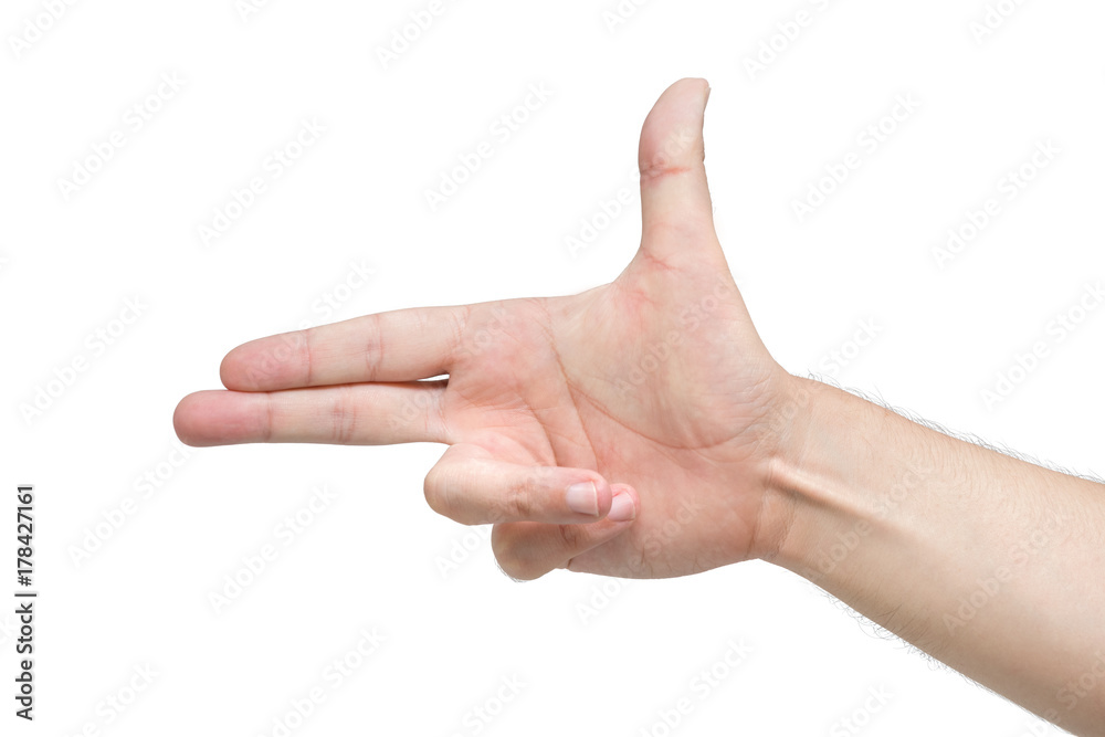 An male hand making a gun gesture. Isolated white background Stock ...