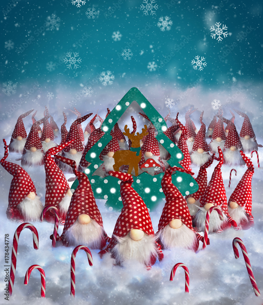 Christmas Elves decorations congratulations postcard background Stock ...
