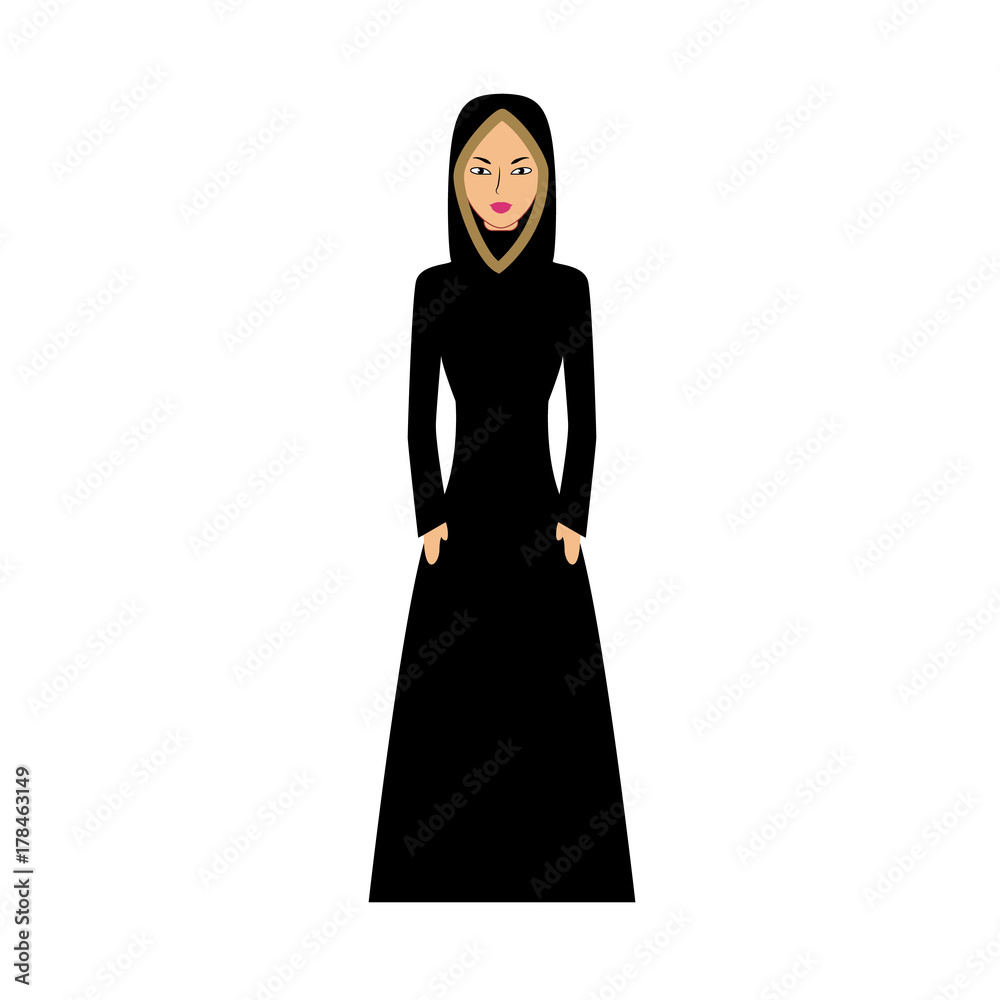 Arab woman wearing a traditional black Arabic dress. Vector flat ...
