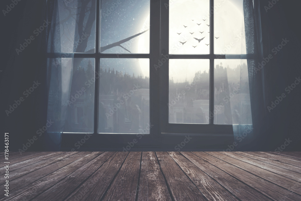 horror house, room with window view of the grave and night moon Stock ...