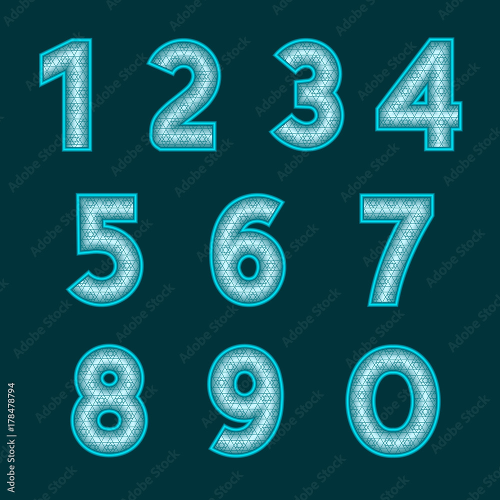 A complete set of cyan numbers with a relief surface. The edges of the ...