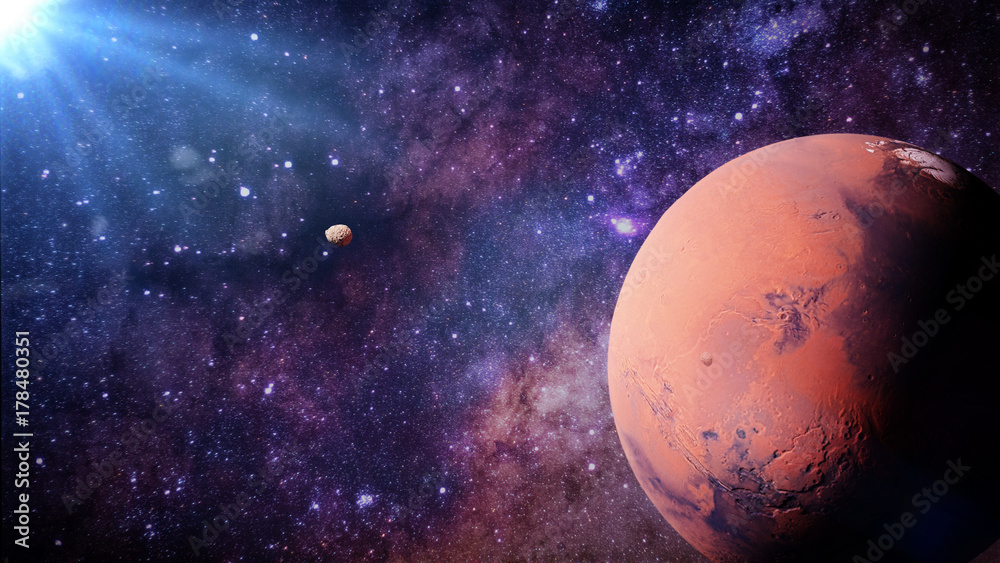 planet Mars with it moons Phobos and Deimos lit by the Sun Stock ...