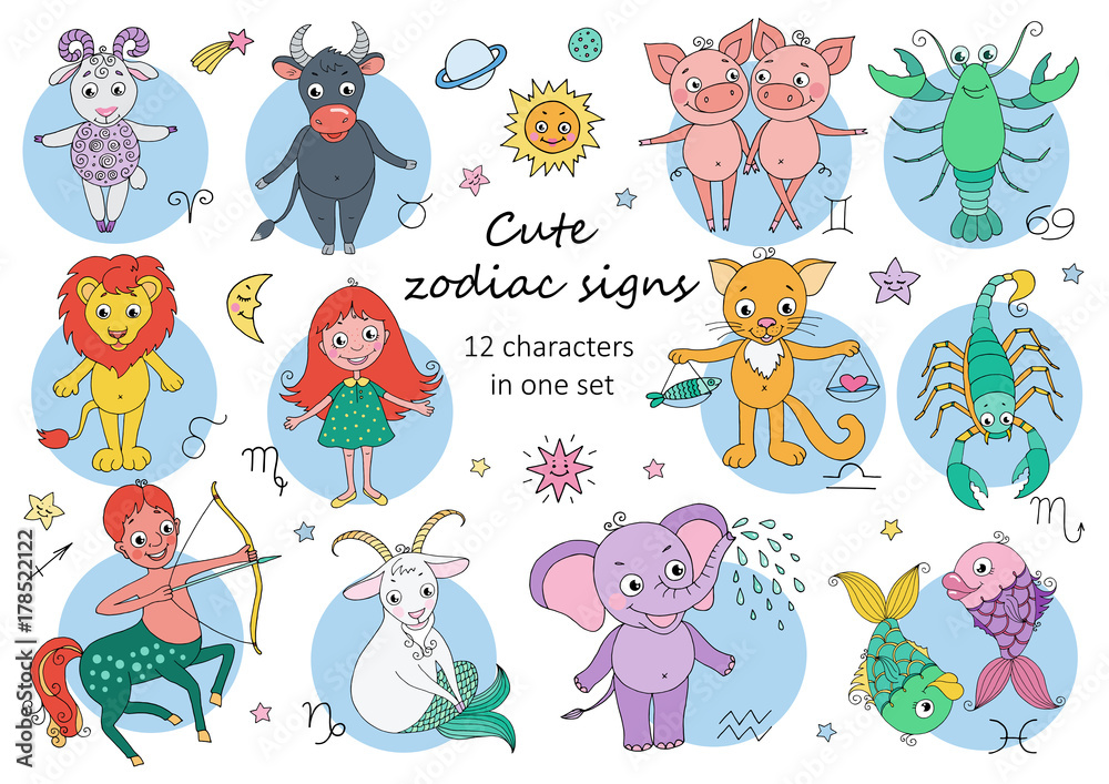 Big set of cute fantastic animals and characters as zodiac signs Stock ...