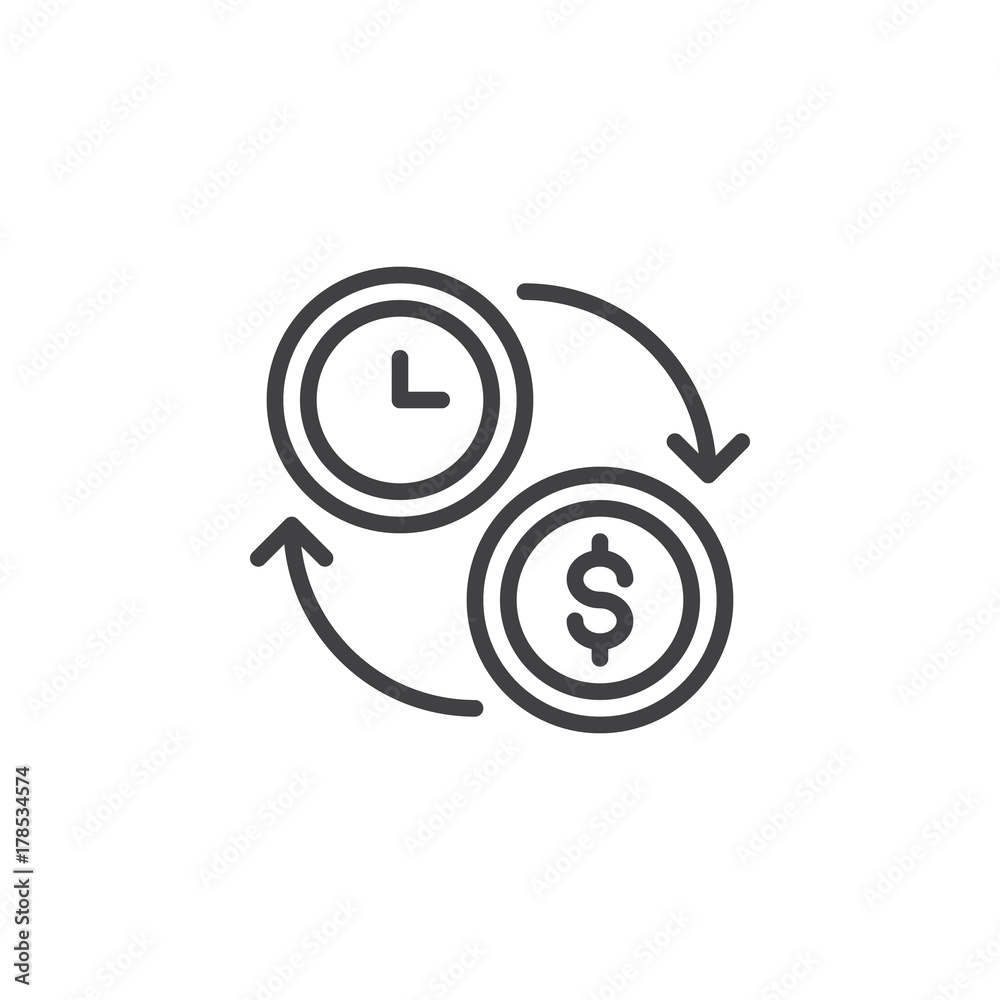 Clock and dollar coin line icon, outline vector sign, linear style ...