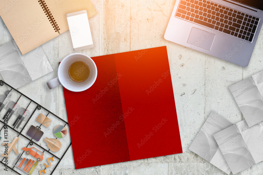 red blank note paper and office supply on white concrete texture ...