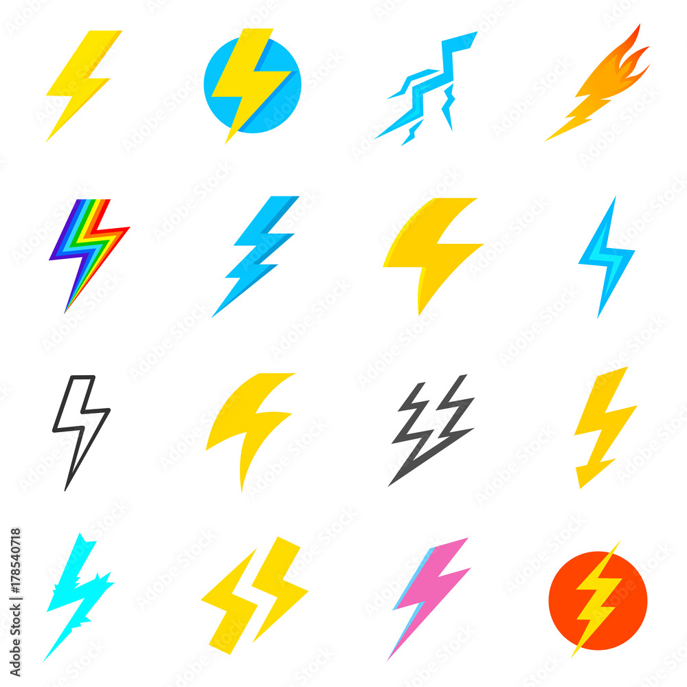 Collection of lightnings of various form. Lightning icon set. Isolated ...