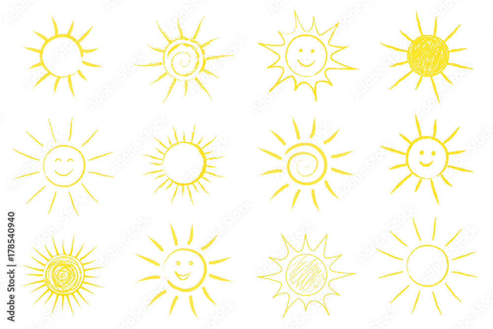 Collection of cute hand drawn sun. Vector. Stock Vector | Adobe Stock