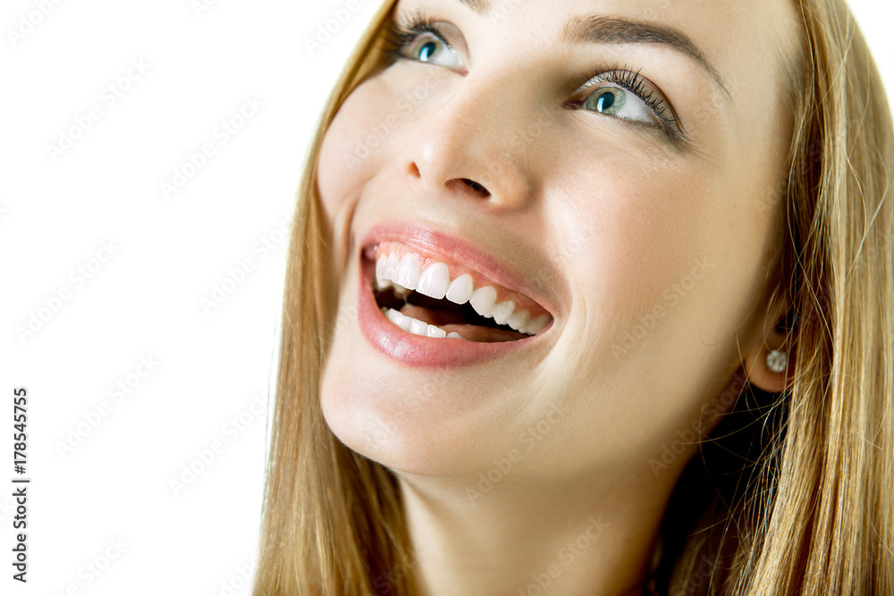 Laughing woman mouth with great teeth over white background. Healthy ...
