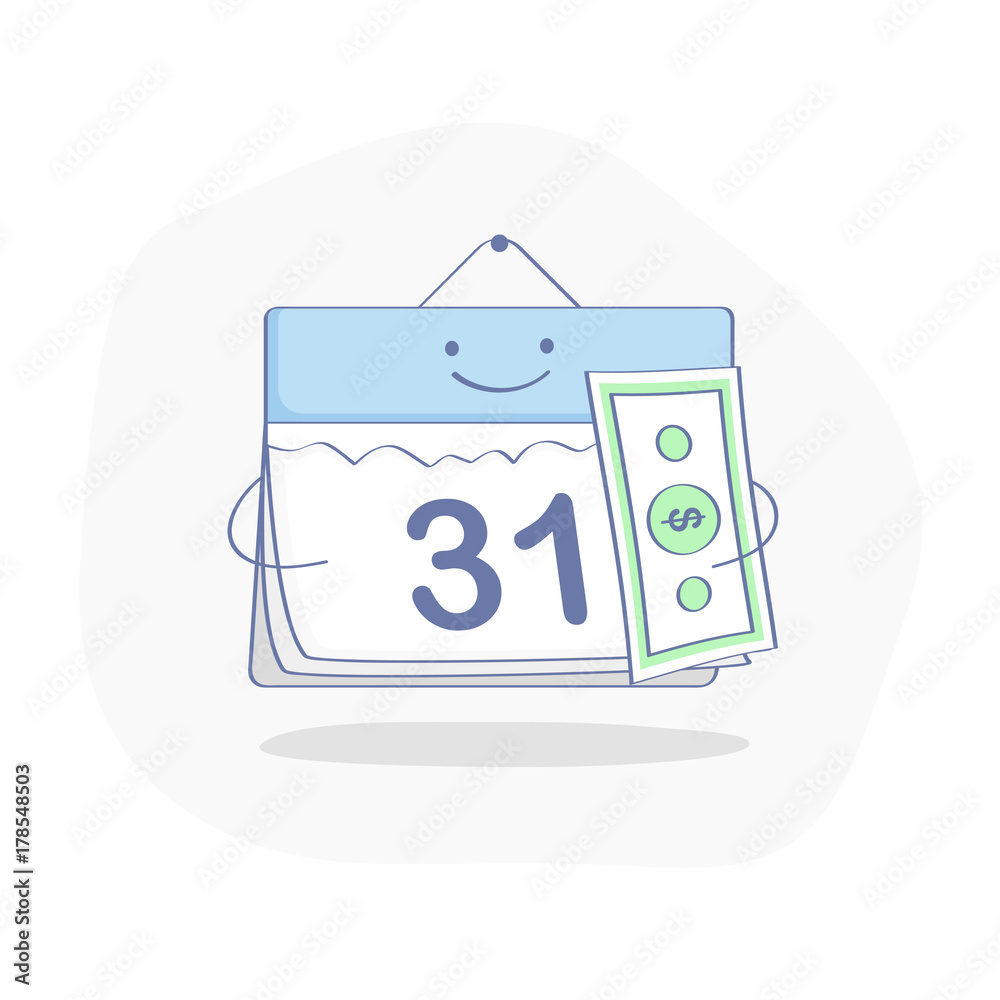 Cute cartoon Calendar with money. The end of the month. Salary, Wage ...