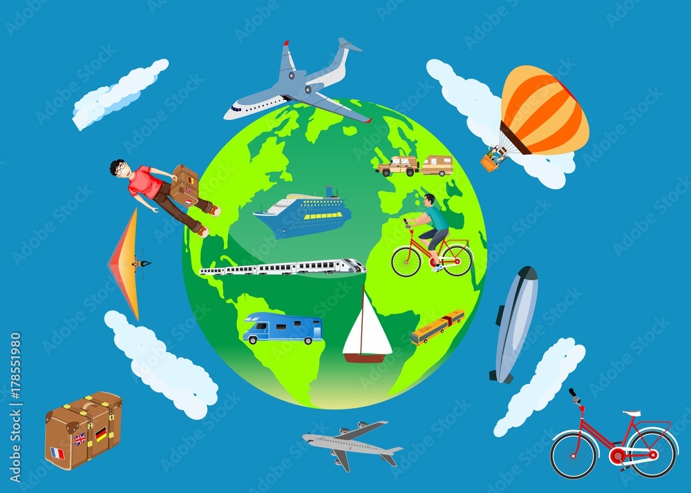 Earth globe and travel objects around, vector concept travel ...