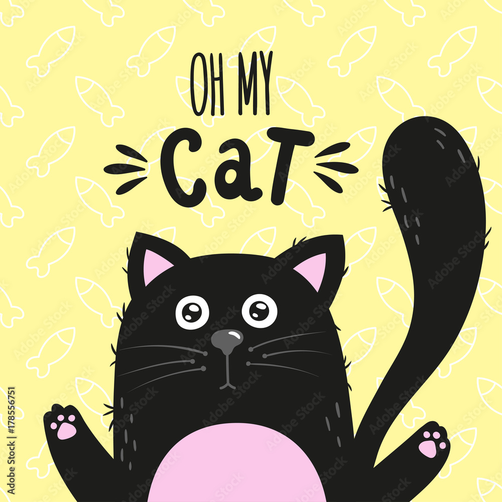 Black cartoon cat and a handwritten inscription Oh my cat. Seamless ...