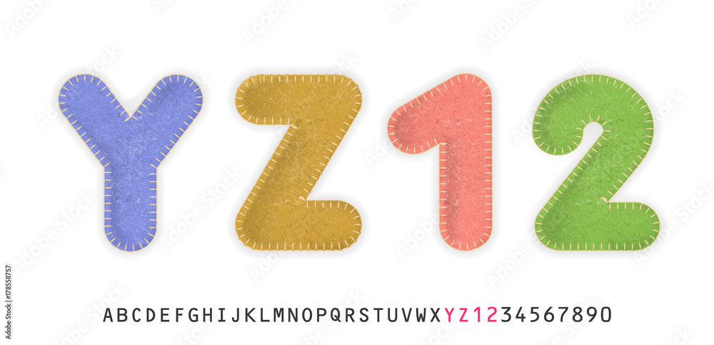 Uppercase realistic letters Y, Z and numbers 1, 2 made of color felt ...
