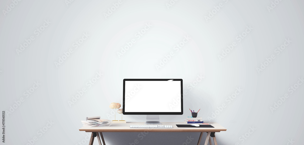 Computer display and office tools on desk. Desktop computer screen ...