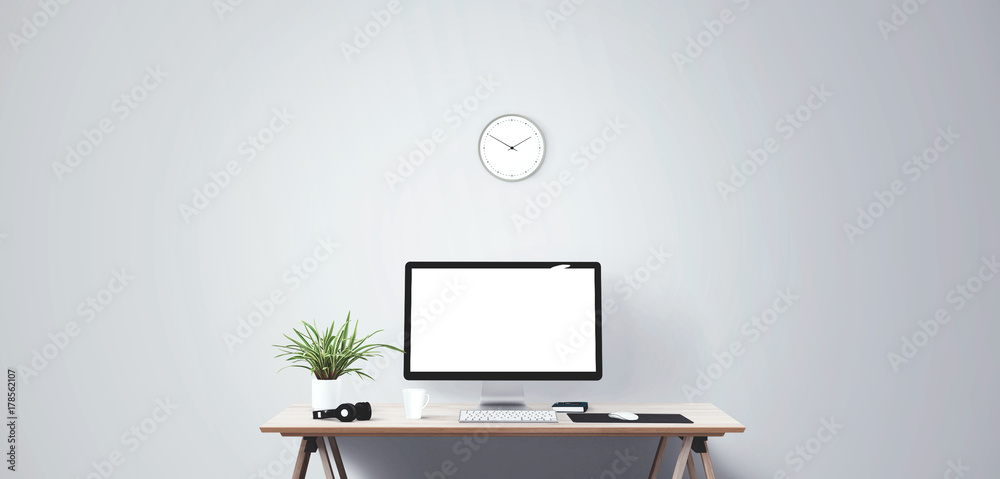 Computer display and office tools on desk. Desktop computer screen ...