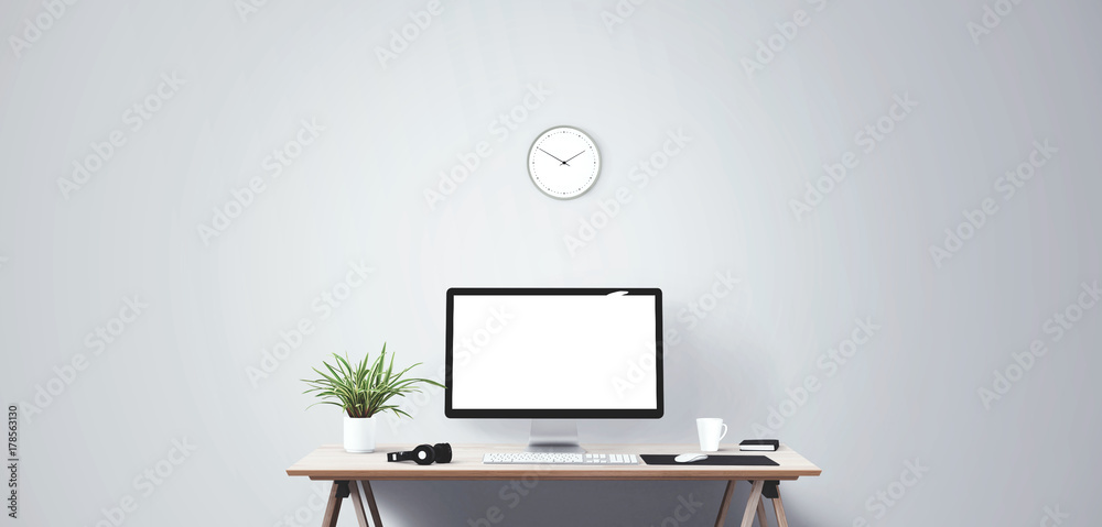 Computer display and office tools on desk. Desktop computer screen ...