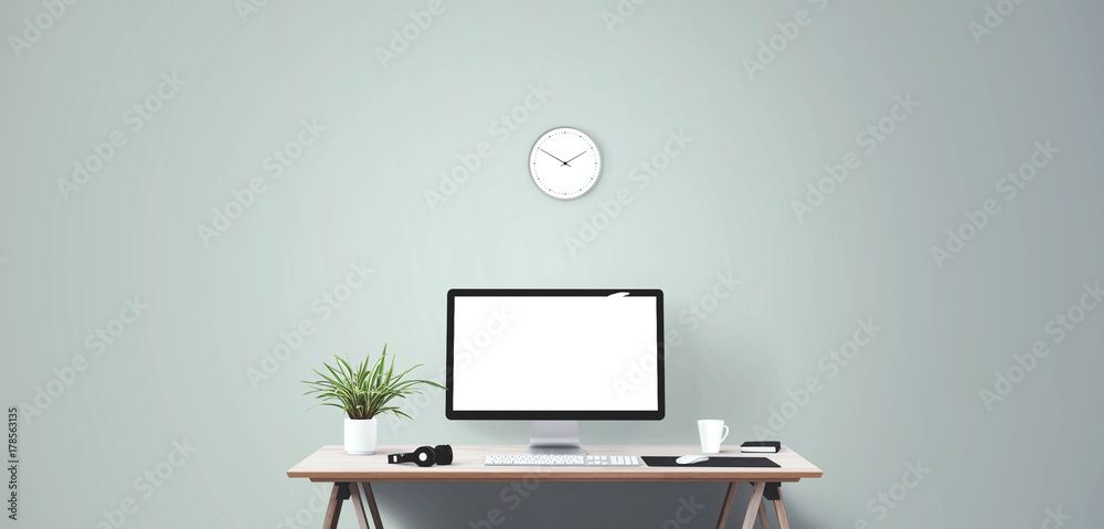 Computer display and office tools on desk. Desktop computer screen ...