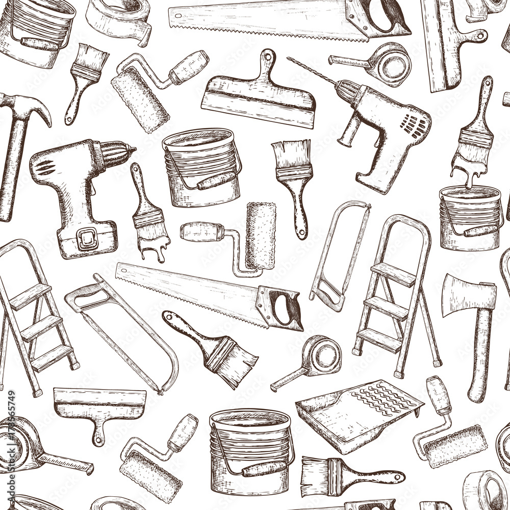 Seamless background of building repair tools, sketch illustration of ...