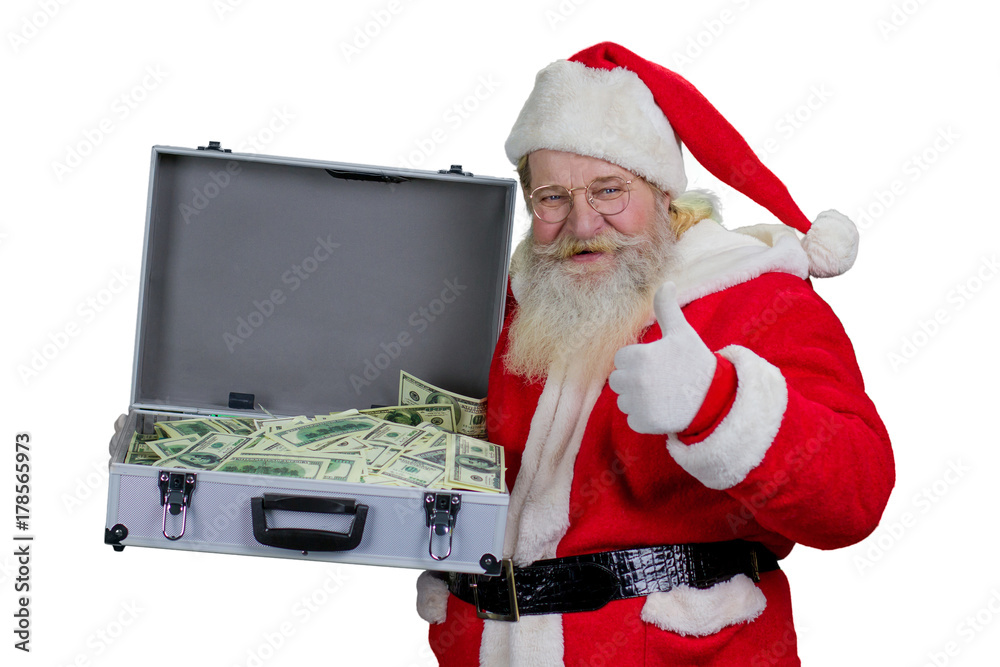 Santa Claus with case of hundred dollars. Portrait of happy Santa Claus ...