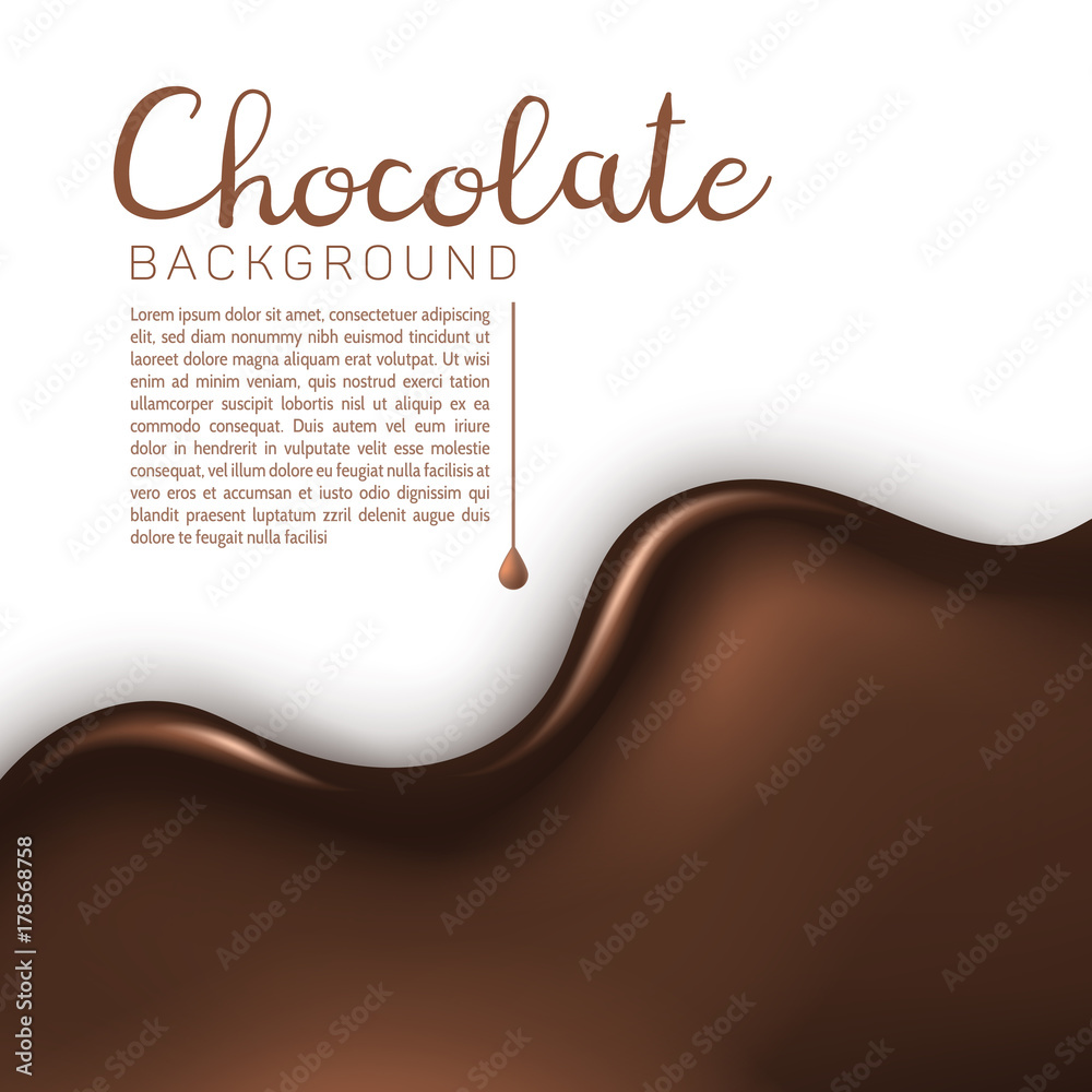 Beautiful, realistic glossy chocolate flow with splash and drops on ...