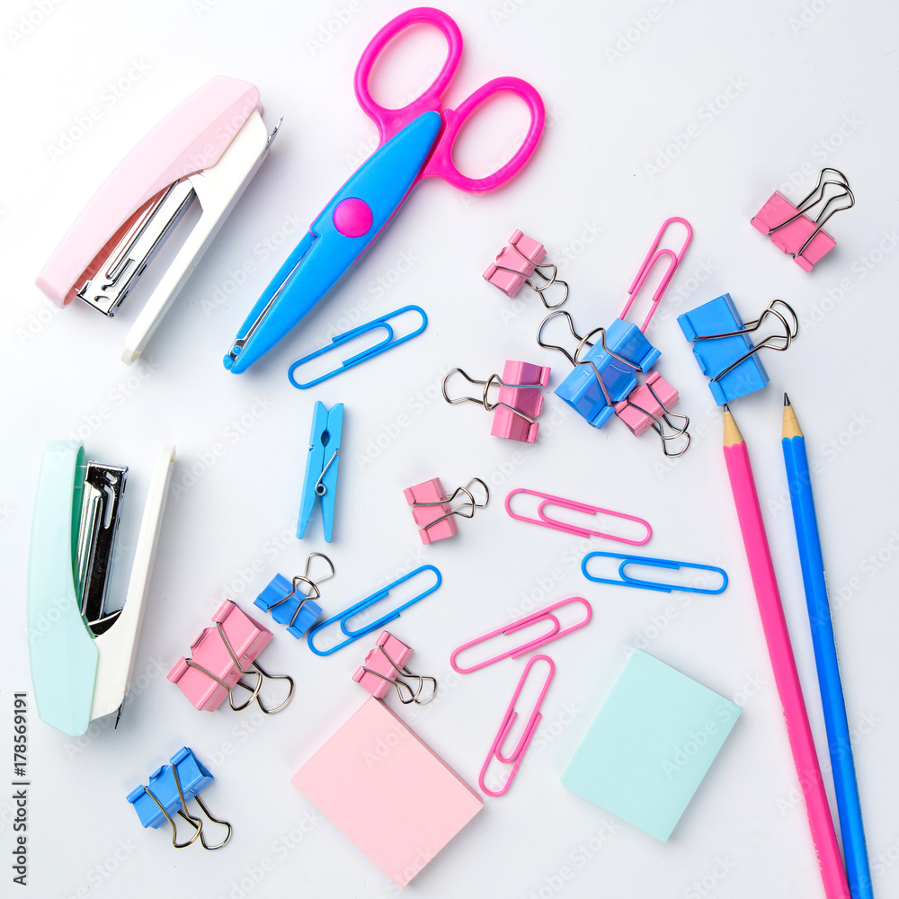 Stationary concept, Flat Lay top view Photo of school supplies scissors ...